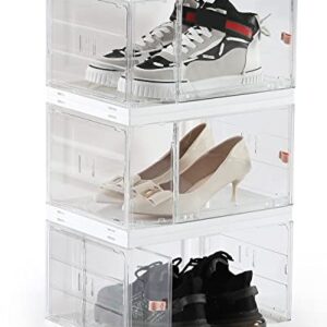 3 Pack Shoe Box Clear Plastic Stackable, Drop Side Sneaker Storage Box Revolving for Sneakerhead, Transparent Acrylic Shoe Display Case for Size 13 White