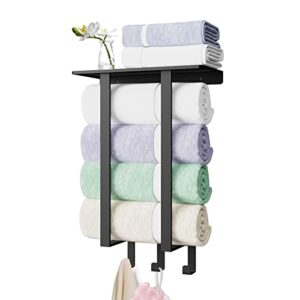 towel racks for bathroom wall mounted, bethom metal square tube towel rack with shelf & 3 hooks, towel storage holders wall for rolled bath towel, washcloths, hand towels, black