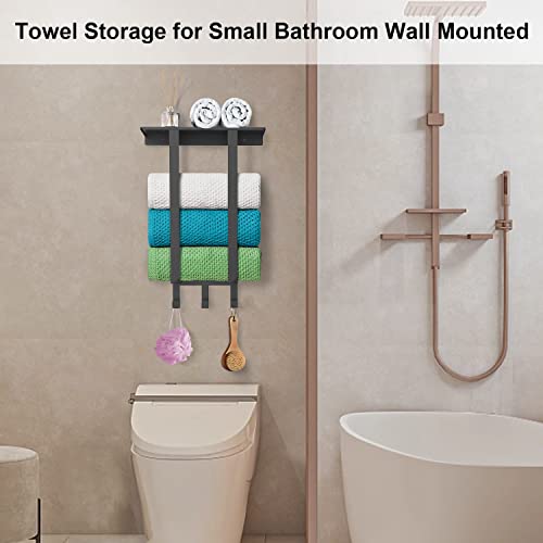 Towel Racks for Bathroom Wall Mounted, BETHOM Metal Square Tube Towel Rack with Shelf & 3 Hooks, Towel Storage Holders Wall for Rolled Bath Towel, Washcloths, Hand Towels, Black