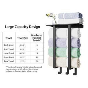 Towel Racks for Bathroom Wall Mounted, BETHOM Metal Square Tube Towel Rack with Shelf & 3 Hooks, Towel Storage Holders Wall for Rolled Bath Towel, Washcloths, Hand Towels, Black