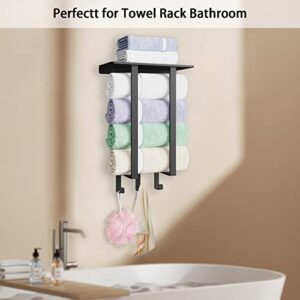 Towel Racks for Bathroom Wall Mounted, BETHOM Metal Square Tube Towel Rack with Shelf & 3 Hooks, Towel Storage Holders Wall for Rolled Bath Towel, Washcloths, Hand Towels, Black