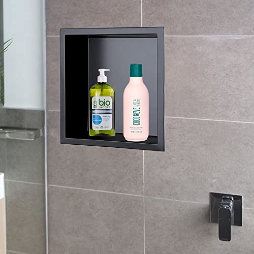 GoodHomeDeco17.5“ X 17.5” (Inner size 16X16") Stainless Steel Shower Niche Modern and Elegant Design, Easy to Install, Perfect for Shampoo and Soap Storage (16 inches, Black)