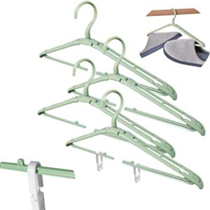 Fineget Foldable Coat Hangers with Clips Portable Travel Shorts Socks Clothes Hangers for Closet Shoes Collapsible Plastic Heavy Duty No Slip Hangers Quick Drying Green 4 PCS + 8 Clips