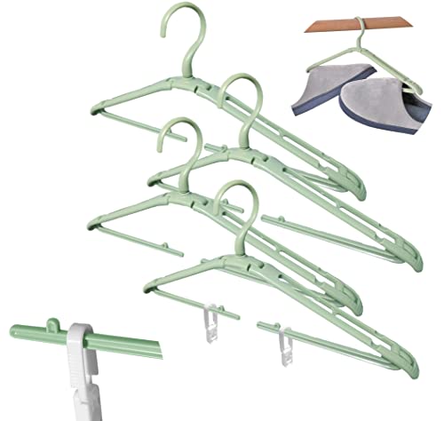 Fineget Foldable Coat Hangers with Clips Portable Travel Shorts Socks Clothes Hangers for Closet Shoes Collapsible Plastic Heavy Duty No Slip Hangers Quick Drying Green 4 PCS + 8 Clips