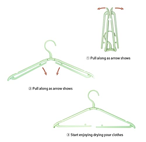 Fineget Foldable Coat Hangers with Clips Portable Travel Shorts Socks Clothes Hangers for Closet Shoes Collapsible Plastic Heavy Duty No Slip Hangers Quick Drying Green 4 PCS + 8 Clips