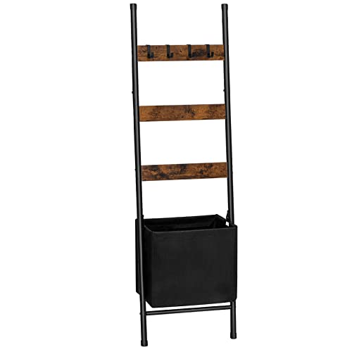 HOOBRO Blanket Ladder with Basket, 17.3”L x 63.4”H, Towel Rack with Hooks, Blanket Holder Rack, Decorative Ladder Shelf, Drying and Display Rack for Bathroom, Living Room, Rustic Brown BF31CJ01