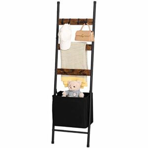 HOOBRO Blanket Ladder with Basket, 17.3”L x 63.4”H, Towel Rack with Hooks, Blanket Holder Rack, Decorative Ladder Shelf, Drying and Display Rack for Bathroom, Living Room, Rustic Brown BF31CJ01