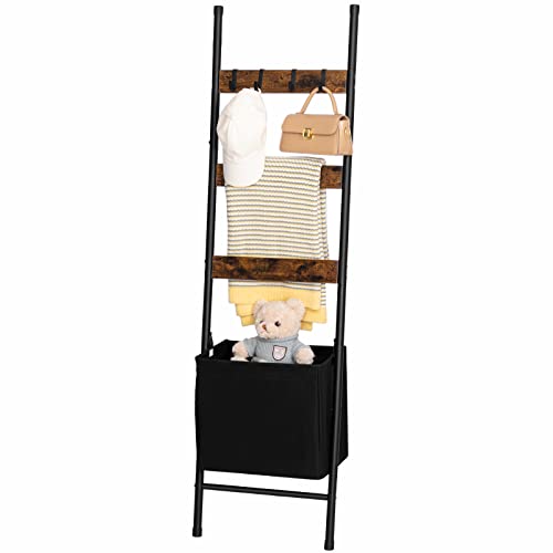 HOOBRO Blanket Ladder with Basket, 17.3”L x 63.4”H, Towel Rack with Hooks, Blanket Holder Rack, Decorative Ladder Shelf, Drying and Display Rack for Bathroom, Living Room, Rustic Brown BF31CJ01