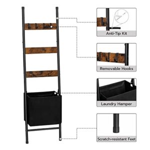 HOOBRO Blanket Ladder with Basket, 17.3”L x 63.4”H, Towel Rack with Hooks, Blanket Holder Rack, Decorative Ladder Shelf, Drying and Display Rack for Bathroom, Living Room, Rustic Brown BF31CJ01