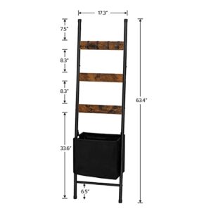 HOOBRO Blanket Ladder with Basket, 17.3”L x 63.4”H, Towel Rack with Hooks, Blanket Holder Rack, Decorative Ladder Shelf, Drying and Display Rack for Bathroom, Living Room, Rustic Brown BF31CJ01