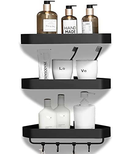 3 Pack Shower Caddy With Hooks, Adjustable Shower Corner Caddy Rack Storage Shelves, Adhesive Shower Caddies Basket Shampoo Holder Hanging, Shower Shelf Basket Bathroom/Kitchen Spice Organizer-Black