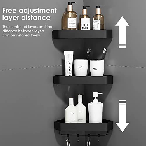 3 Pack Shower Caddy With Hooks, Adjustable Shower Corner Caddy Rack Storage Shelves, Adhesive Shower Caddies Basket Shampoo Holder Hanging, Shower Shelf Basket Bathroom/Kitchen Spice Organizer-Black