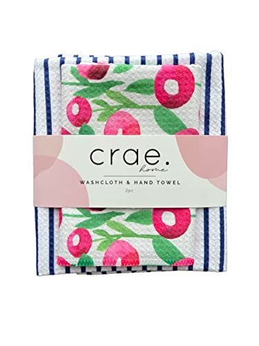 Crae Home Waffle Weave Pattern Microfiber Hand Towel Wash Cloth Set (Indigo/Poppie)