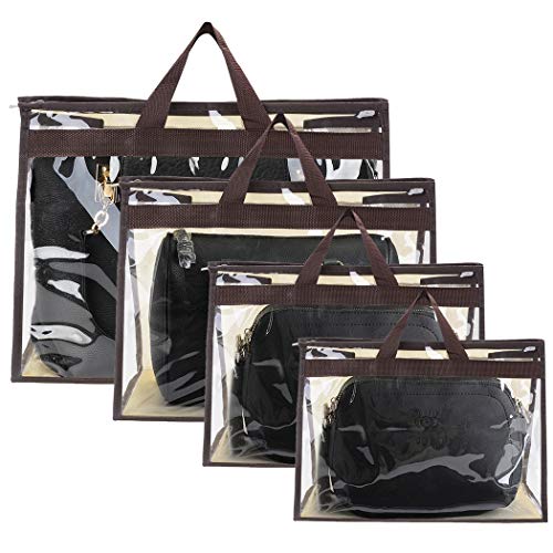 Handbag Organizer Dust Bags Transparent Hanging Purse Organizer Wallet Storage Bag 4pack for Hanging Closet with Handle and Zipper Handbag (coffee)