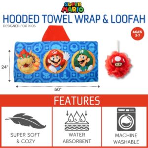 Franco Super Mario Kids Bath/Pool/Beach Soft Cotton Terry Hooded Towel Wrap and loofah Set, 24 in x 50 in (Official Nickelodeon Product)