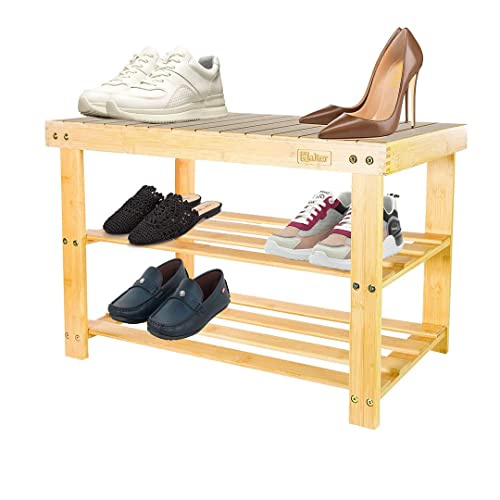 Halter 3 -Tier Bamboo Shoe Rack Bench, Natural Wooden Shoe Organizer, for Bedroom, Entryway, or Outdoor Storage (Natural)