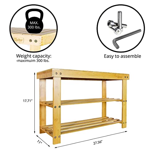 Halter 3 -Tier Bamboo Shoe Rack Bench, Natural Wooden Shoe Organizer, for Bedroom, Entryway, or Outdoor Storage (Natural)