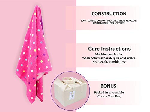 ORIGINAL KIDS 6 Piece Towel Set - Bath Time Sugar & Spice - 2 Bath Towels, 2 Hand Towels, 2 Washcloths in Bonus Tote Bag - 100% Cotton Jacquard Soft Absorbent Pool Beach Towel Gift - Pink Multicolor