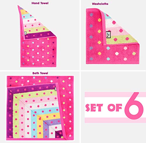 ORIGINAL KIDS 6 Piece Towel Set - Bath Time Sugar & Spice - 2 Bath Towels, 2 Hand Towels, 2 Washcloths in Bonus Tote Bag - 100% Cotton Jacquard Soft Absorbent Pool Beach Towel Gift - Pink Multicolor