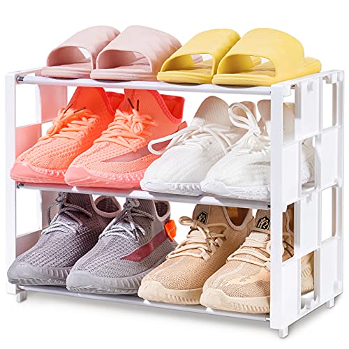 NiHome 3-Tier Stackable Shoe Rack Organizer - Adjustable, Lightweight and Expandable for Small Spaces, Holds 6 Pairs, Ideal for Closet, Hallway, Entryway, Bedroom (White)