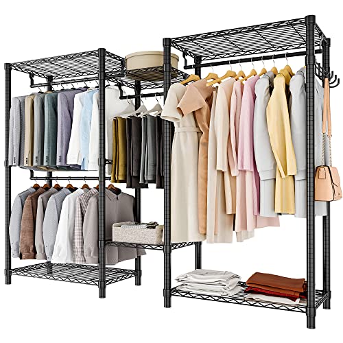 Garment Rack Portable Closet Wardrobe Heavy Duty Clothes Rack with Adjustable Shelves, Hanging Rods, Side Hooks for Hanging Clothes, Max Load 900LBS, Freestanding & L-shaped Closet (Black-1in Dia.)