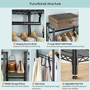 Garment Rack Portable Closet Wardrobe Heavy Duty Clothes Rack with Adjustable Shelves, Hanging Rods, Side Hooks for Hanging Clothes, Max Load 900LBS, Freestanding & L-shaped Closet (Black-1in Dia.)