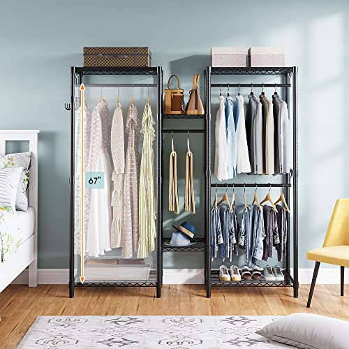 Garment Rack Portable Closet Wardrobe Heavy Duty Clothes Rack with Adjustable Shelves, Hanging Rods, Side Hooks for Hanging Clothes, Max Load 900LBS, Freestanding & L-shaped Closet (Black-1in Dia.)