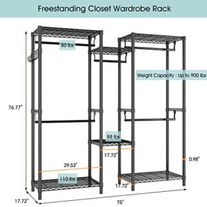 Garment Rack Portable Closet Wardrobe Heavy Duty Clothes Rack with Adjustable Shelves, Hanging Rods, Side Hooks for Hanging Clothes, Max Load 900LBS, Freestanding & L-shaped Closet (Black-1in Dia.)