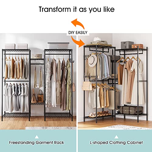 Garment Rack Portable Closet Wardrobe Heavy Duty Clothes Rack with Adjustable Shelves, Hanging Rods, Side Hooks for Hanging Clothes, Max Load 900LBS, Freestanding & L-shaped Closet (Black-1in Dia.)