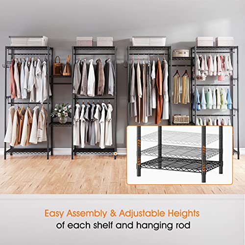 Garment Rack Portable Closet Wardrobe Heavy Duty Clothes Rack with Adjustable Shelves, Hanging Rods, Side Hooks for Hanging Clothes, Max Load 900LBS, Freestanding & L-shaped Closet (Black-1in Dia.)