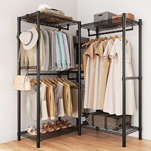 Garment Rack Portable Closet Wardrobe Heavy Duty Clothes Rack with Adjustable Shelves, Hanging Rods, Side Hooks for Hanging Clothes, Max Load 900LBS, Freestanding & L-shaped Closet (Black-1in Dia.)