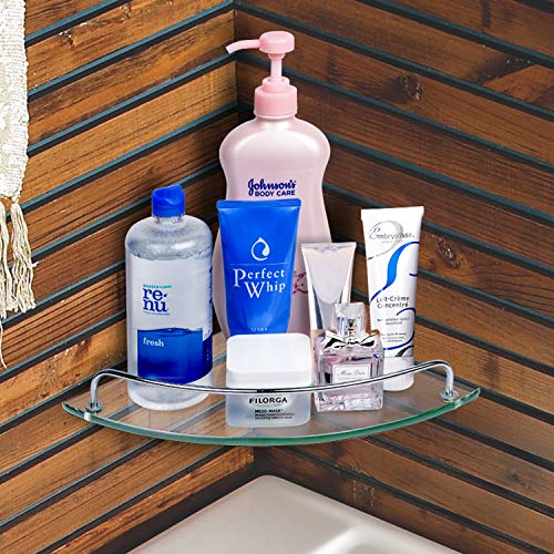 Vdomus Glass Corner Shelf for Bathroom, Tempered Glass Shelf with Rail, Stainless Steel Wall Mounted Corner Shower Shelf, Glass Shelf for Storing Seasoning Bottle/Brush/Shower/Gel/Soap/Shampoo