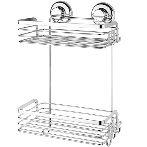 HASKO accessories Suction Cup Shower Caddy, Bath Shelf with Hooks, 2 Tier Wall Mounted Basket for Bathroom and Kitchen Storage, Adhesive 3M Stick Discs Included (Polished Stainless Steel SS304)