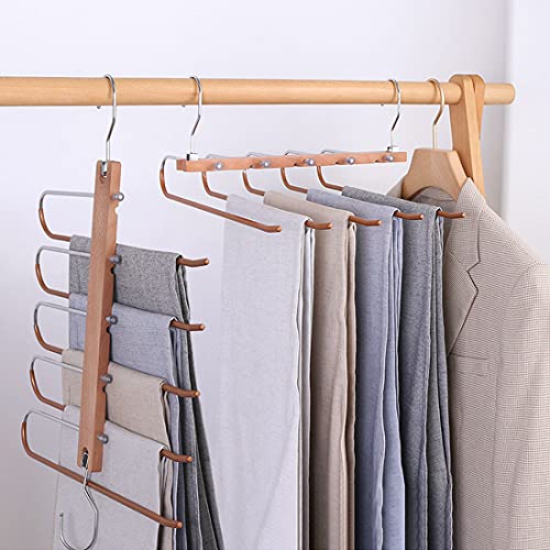 2 Pack Magic Pants Hangers, Space Saving Pant Hangers for Closet Organizer, Heavy Duty Wooden Trousers Hangers (Golden)