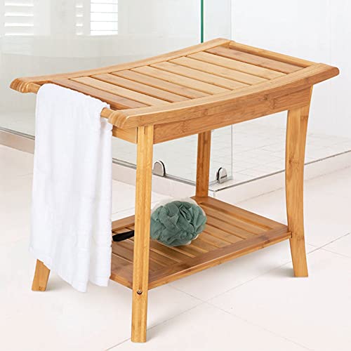 Jevindo Bamboo Shower Benches for Inside Shower, 2-Tier Teak Shower Bench with Storage Shelf & Non-Slip Feet, Wooden Spa Bathroom Storage Rack Stool for Indoor Outdoor Use, 24×12.1×17.6 inches