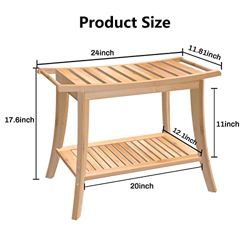 Jevindo Bamboo Shower Benches for Inside Shower, 2-Tier Teak Shower Bench with Storage Shelf & Non-Slip Feet, Wooden Spa Bathroom Storage Rack Stool for Indoor Outdoor Use, 24×12.1×17.6 inches