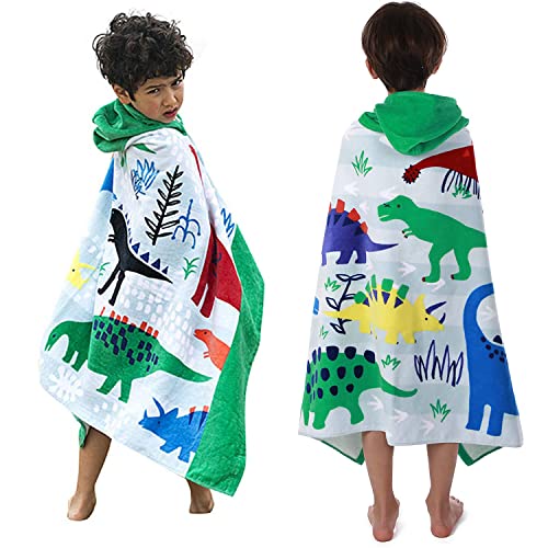 Prozebii Kids Hooded Beach Bath Towel 100% Cotton Super Soft Boys Girls Childrens Toddlers Swimming/Shower/Beach Towel, Oversize Size 50"x30" Dinosaur Pattern