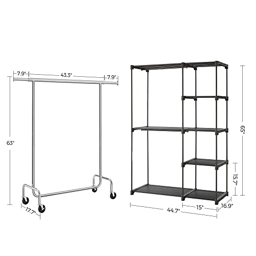 SONGMICS Freestanding Closet Organizer Bundle with Clothes Garment Rack, Portable Wardrobe Set with 2 Hanging Rods and Clothing Rack on Wheels, Black and Silver URYG24BK and UHSR11S