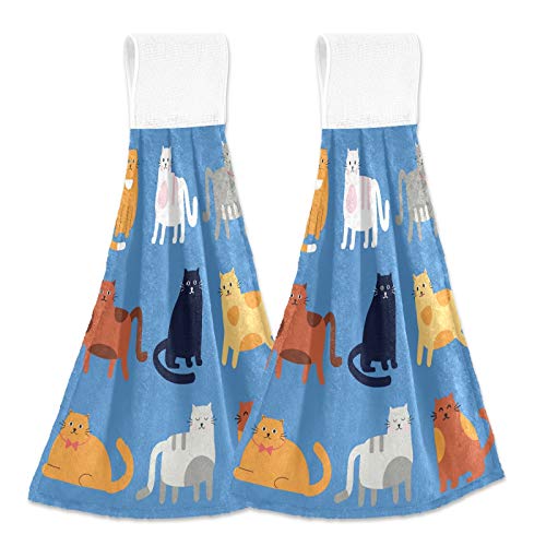 GOODOLD Hand Towel Carton Cats Hook & Loop Soft Hanging Tie Towels, Set of 2 Super Absorbent in Convenient for Kitchen and Bathroom, 12x17 Inch