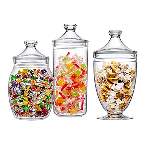 Amazing Abby - Adore - Acrylic Apothecary Jars (3-Piece Set), Plastic Jars with Lids, Bathroom Canisters, Vanity Organizers, Candy Buffet, Wedding Display, BPA-Free and Shatter-Proof