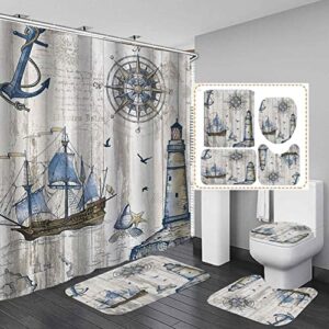 dia magico 4pcs nautical shower curtain set, navy blue anchor compass sailboat lighthouse seashell sea marine life coastal ocean beach bathroom decor waterproof fabric shower curtain non-slip bath mat