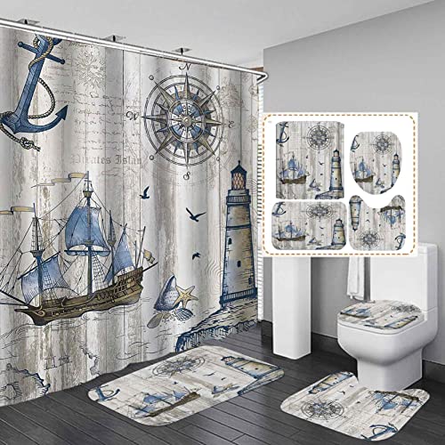 Dia Magico 4PCS Nautical Shower Curtain Set, Navy Blue Anchor Compass Sailboat Lighthouse Seashell Sea Marine Life Coastal Ocean Beach Bathroom Decor Waterproof Fabric Shower Curtain Non-slip Bath Mat