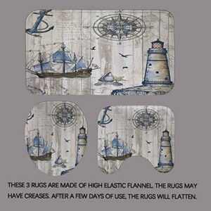 Dia Magico 4PCS Nautical Shower Curtain Set, Navy Blue Anchor Compass Sailboat Lighthouse Seashell Sea Marine Life Coastal Ocean Beach Bathroom Decor Waterproof Fabric Shower Curtain Non-slip Bath Mat