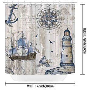 Dia Magico 4PCS Nautical Shower Curtain Set, Navy Blue Anchor Compass Sailboat Lighthouse Seashell Sea Marine Life Coastal Ocean Beach Bathroom Decor Waterproof Fabric Shower Curtain Non-slip Bath Mat