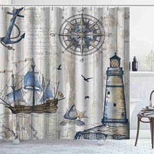 Dia Magico 4PCS Nautical Shower Curtain Set, Navy Blue Anchor Compass Sailboat Lighthouse Seashell Sea Marine Life Coastal Ocean Beach Bathroom Decor Waterproof Fabric Shower Curtain Non-slip Bath Mat