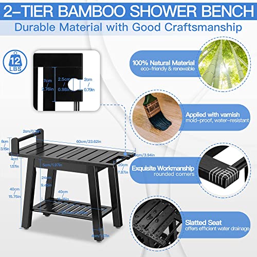 ETECHMART 2-Tier Bamboo Shower Bench, 24 Inch Spa Stool with Storage Shelf for Inside Shower Legs Shaving, Entryway or Bathroom, A-Shaped Shower Bath Seat for Seniors Adults Disabled Women, Espresso