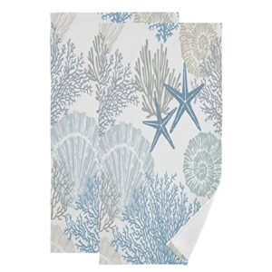 shustary 2 pack beach theme hand towels for bathroom,coastal blue grey starfish seashell coral ocean marine soft absorbent kitchen towels decorative hand bath towels for shower,face,gym,spa 14"x28"