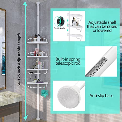 Sempicad Corner Shower Caddy,Rustproof Tension Shower Caddy with 4 ABS Baskets,Shower Storage Shelf with 56 to 125 Inch Adjustable Stainless Pole for Bathroom White