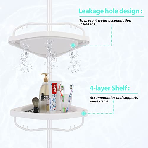 Sempicad Corner Shower Caddy,Rustproof Tension Shower Caddy with 4 ABS Baskets,Shower Storage Shelf with 56 to 125 Inch Adjustable Stainless Pole for Bathroom White