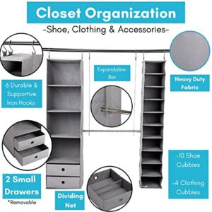 BIRDROCK HOME 5pc Hanging Closet Organizer System with Storage Shelves - Grey - Shoe Clothing Organization - Great for College Dorms or Kid Bedrooms Nursery